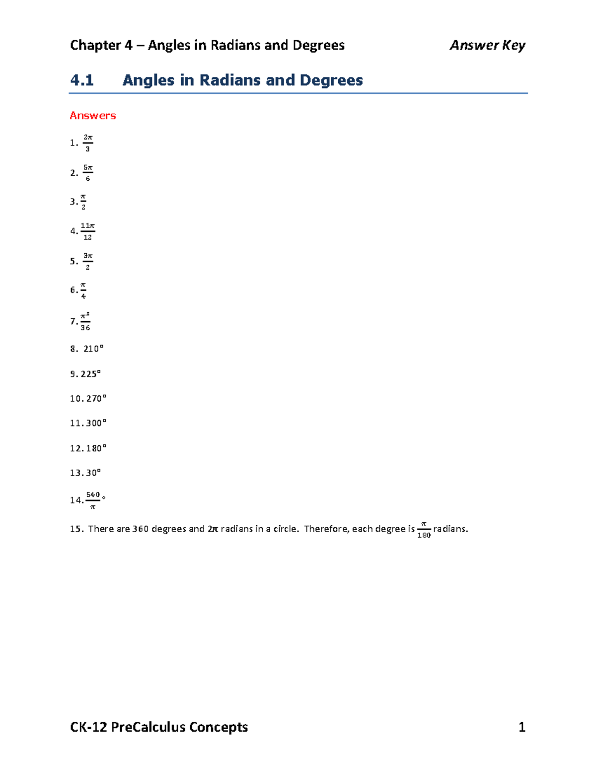Answer Key CK-12 Chapter 04 Pre Calculus Concepts - 4 Angles in Radians ...