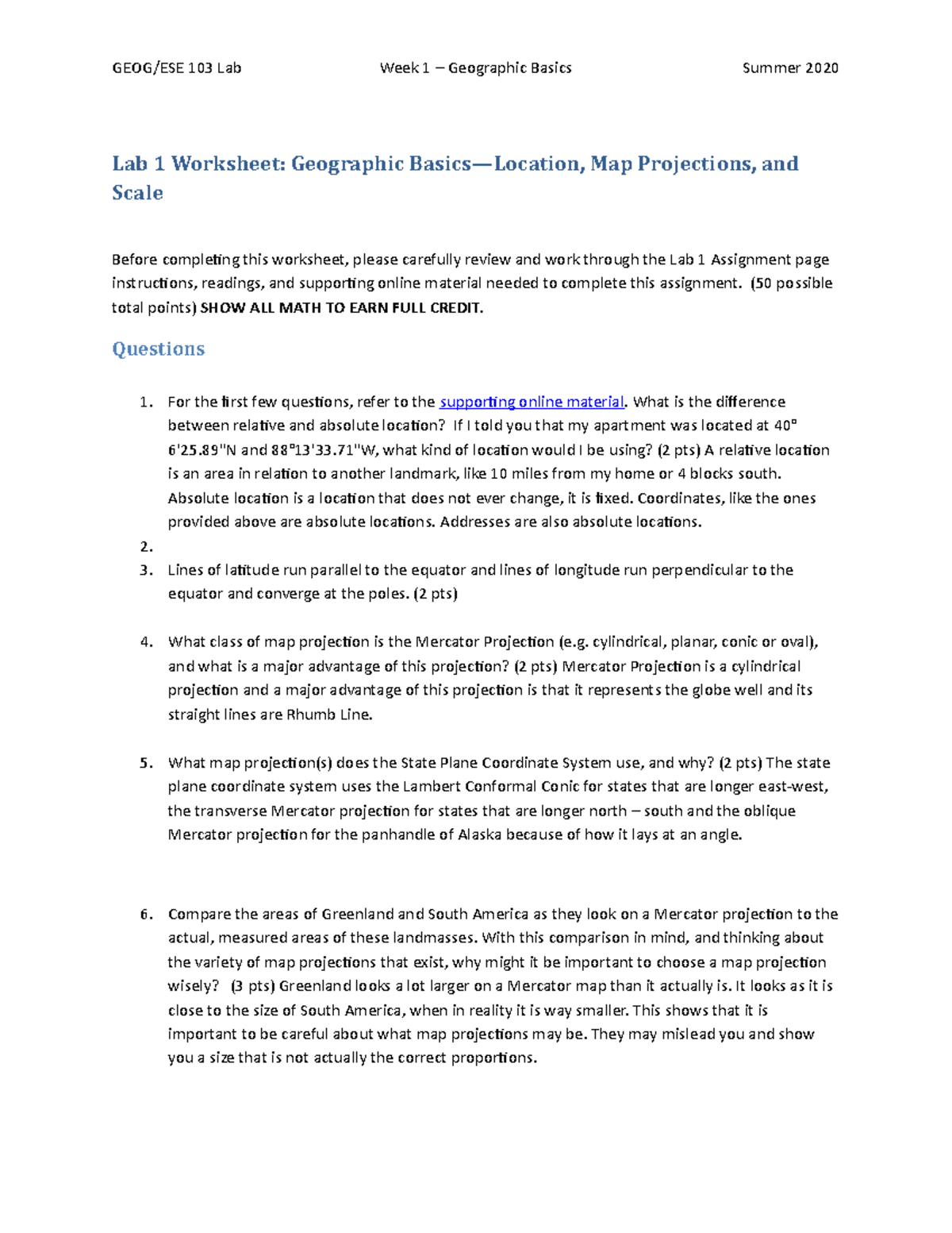 Geog 103 lab1 - lab - Lab 1 Worksheet: Geographic Basics—Location, Map Projections, and Scale ...
