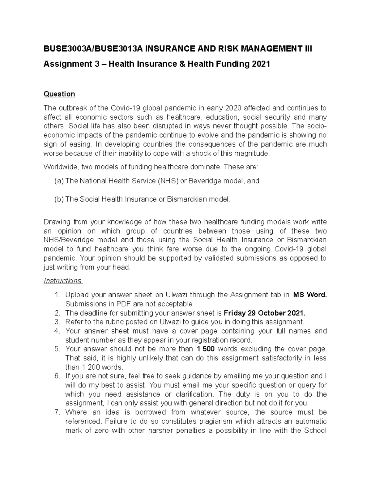 BUSE3003A-BUSE3013A Health Insurance Assignment 3 - 2021 - BUSE3003A ...