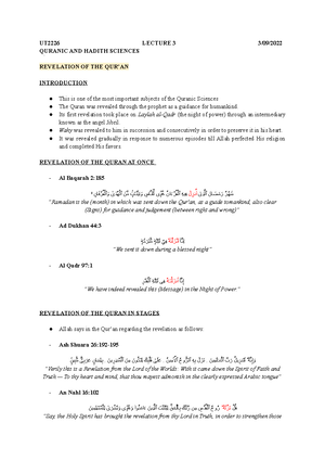 THE HOLY QUR’AN AND ITS CHARACTERISTICS - UT2226 LECTURE 1 09/08 ...