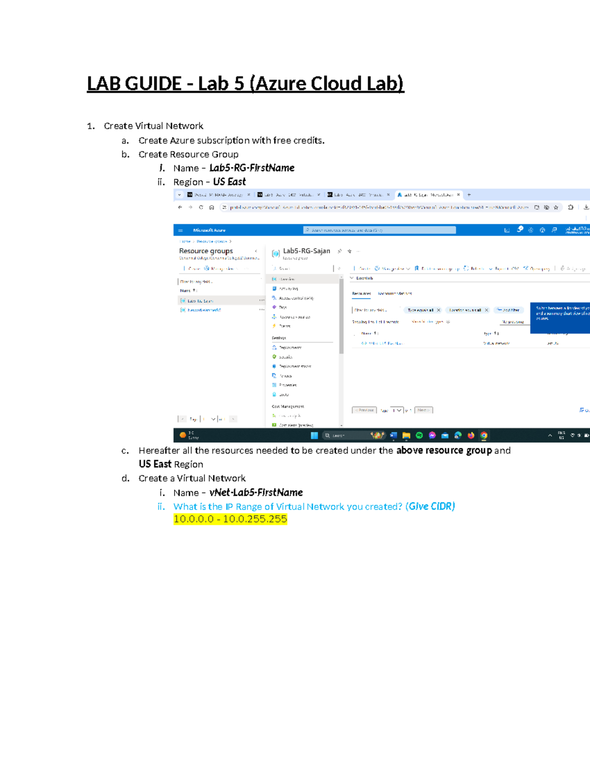 Lab 5 - Azure - this is lab - LAB GUIDE - Lab 5 (Azure Cloud Lab) Create Virtual Network a ...