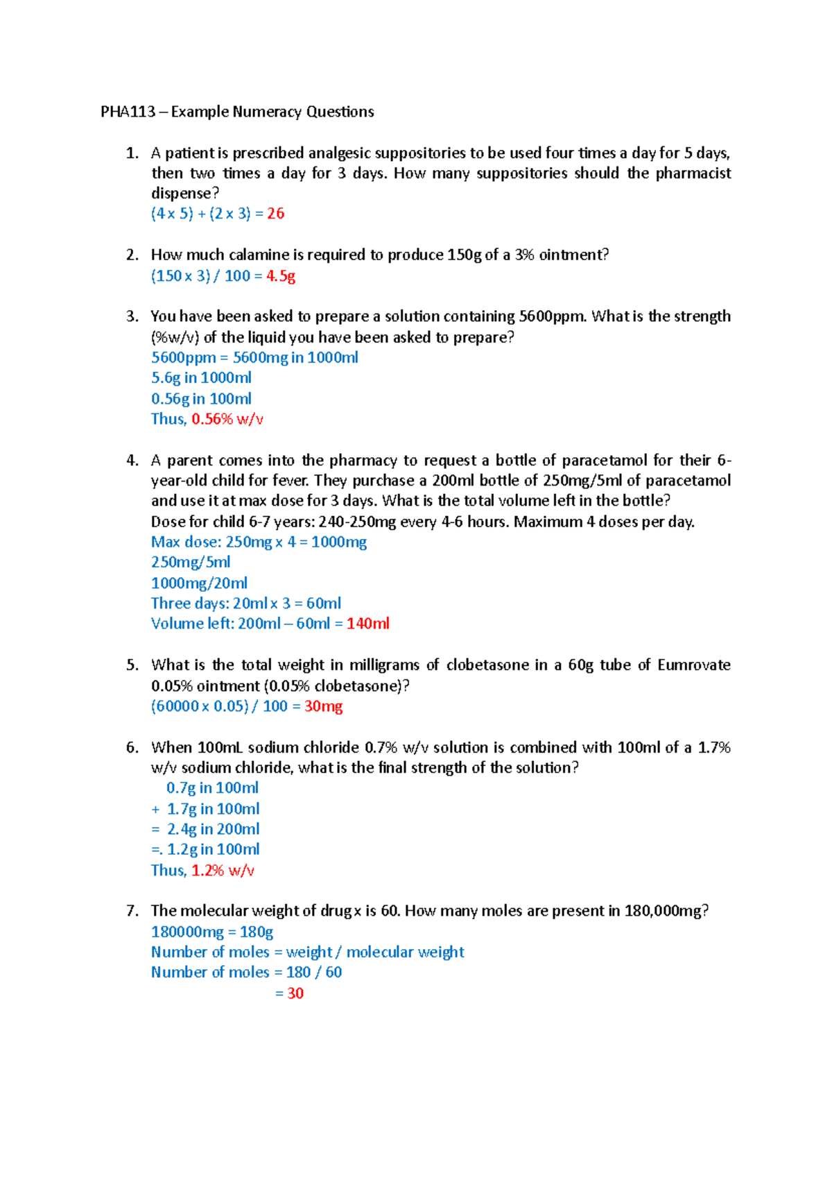 PHA113 Numeracy Practice Questions With Steps And Answers PHA113 pha113-numeracy-practice-questions-with-steps-and-answers-pha113
