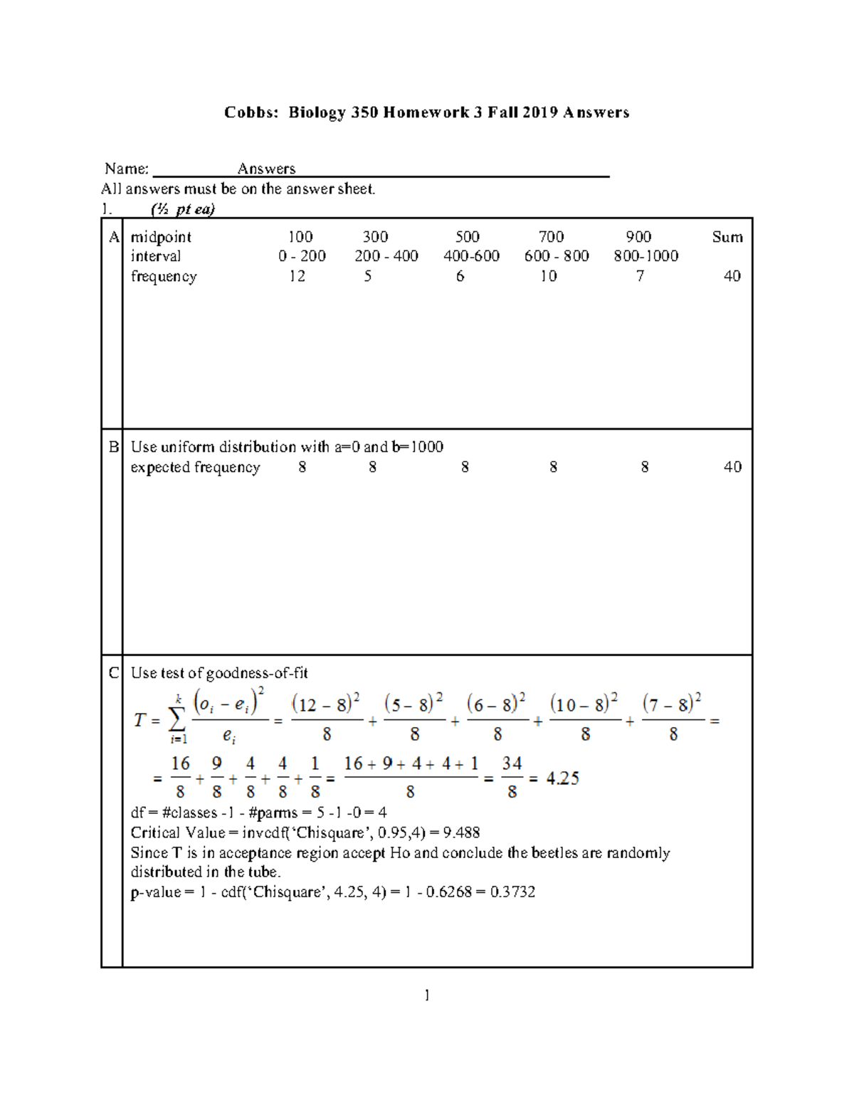 Biostats Homework 3 Answers - Name: Answers All answers must be on the ...