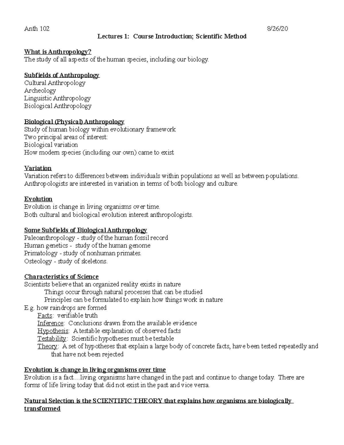 8-26 Lecture - Professor Tom Plummer - Anth 102 8/26/ Lectures 1 ...