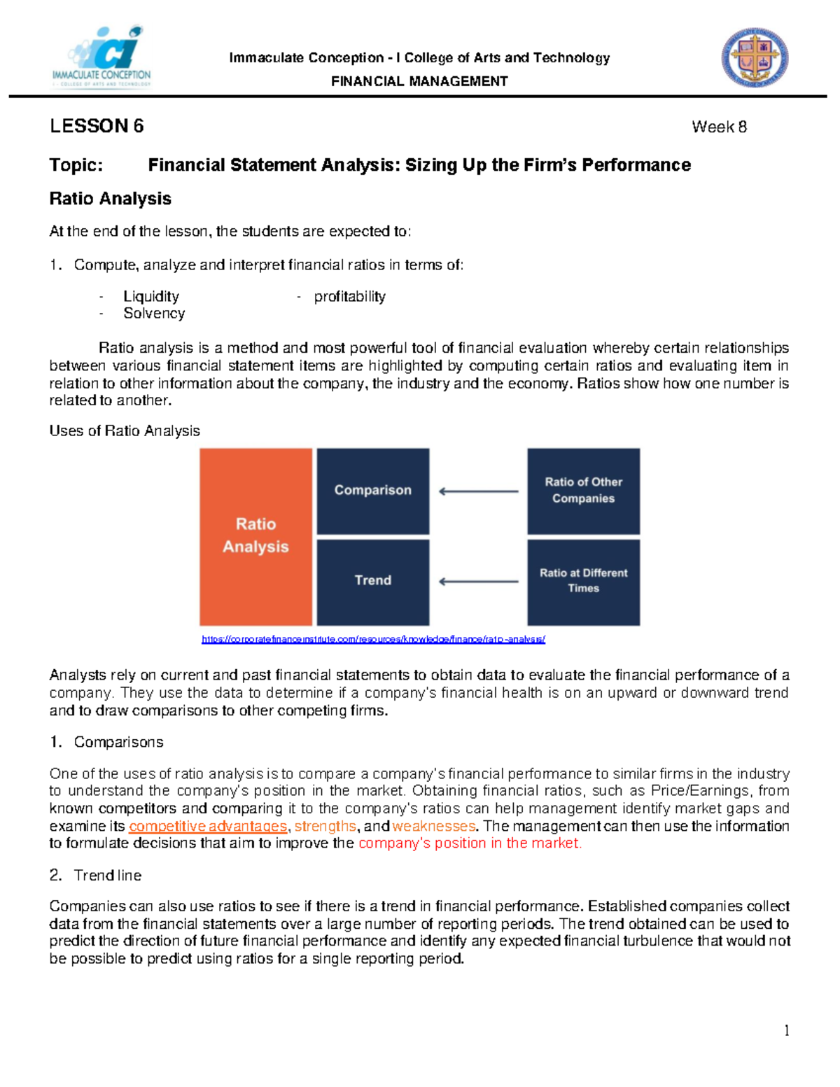 Lesson 6 Ratio Analysis - FINANCIAL MANAGEMENT LESSON 6 Week 8 Topic ...