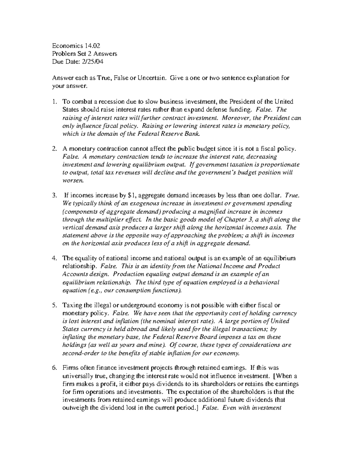 Macro chap4 bonus exercices - Economics 14. Problem Set 2 Answers Due ...