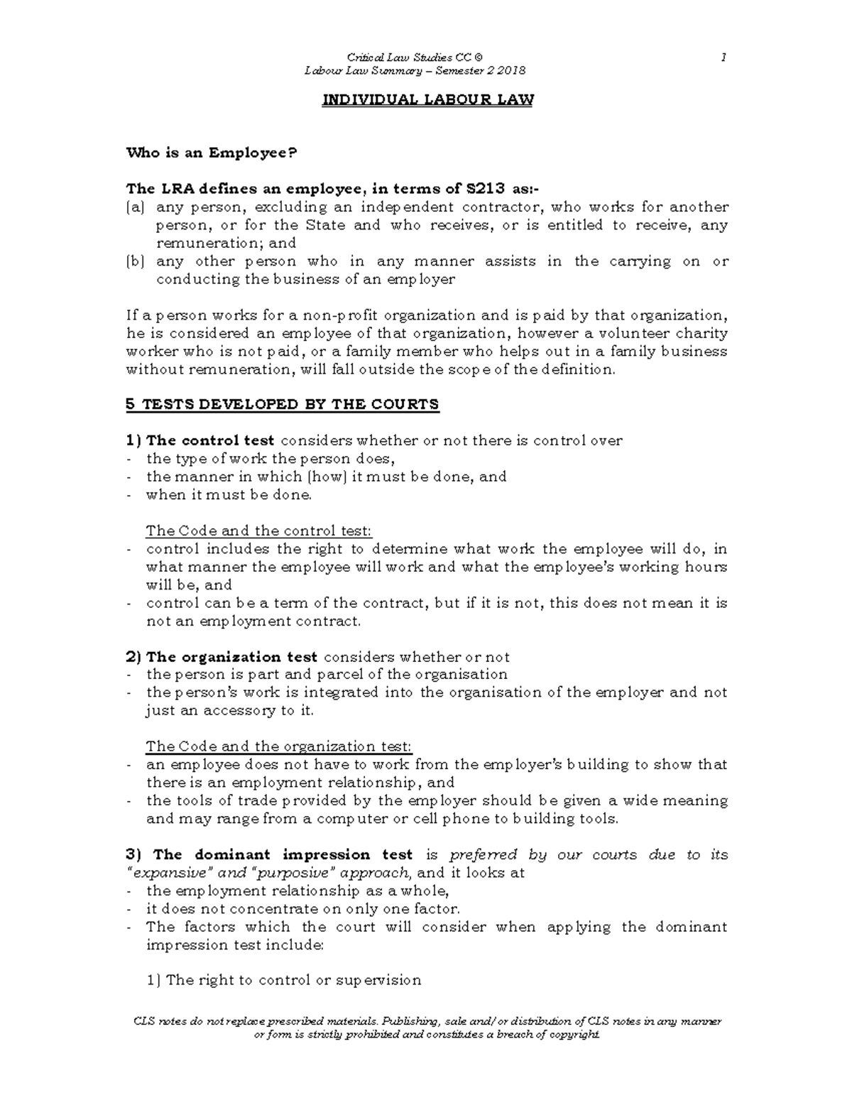 Labour Law Notes 2018 - Labour Law Summary – Semester 2 2018 CLS notes ...