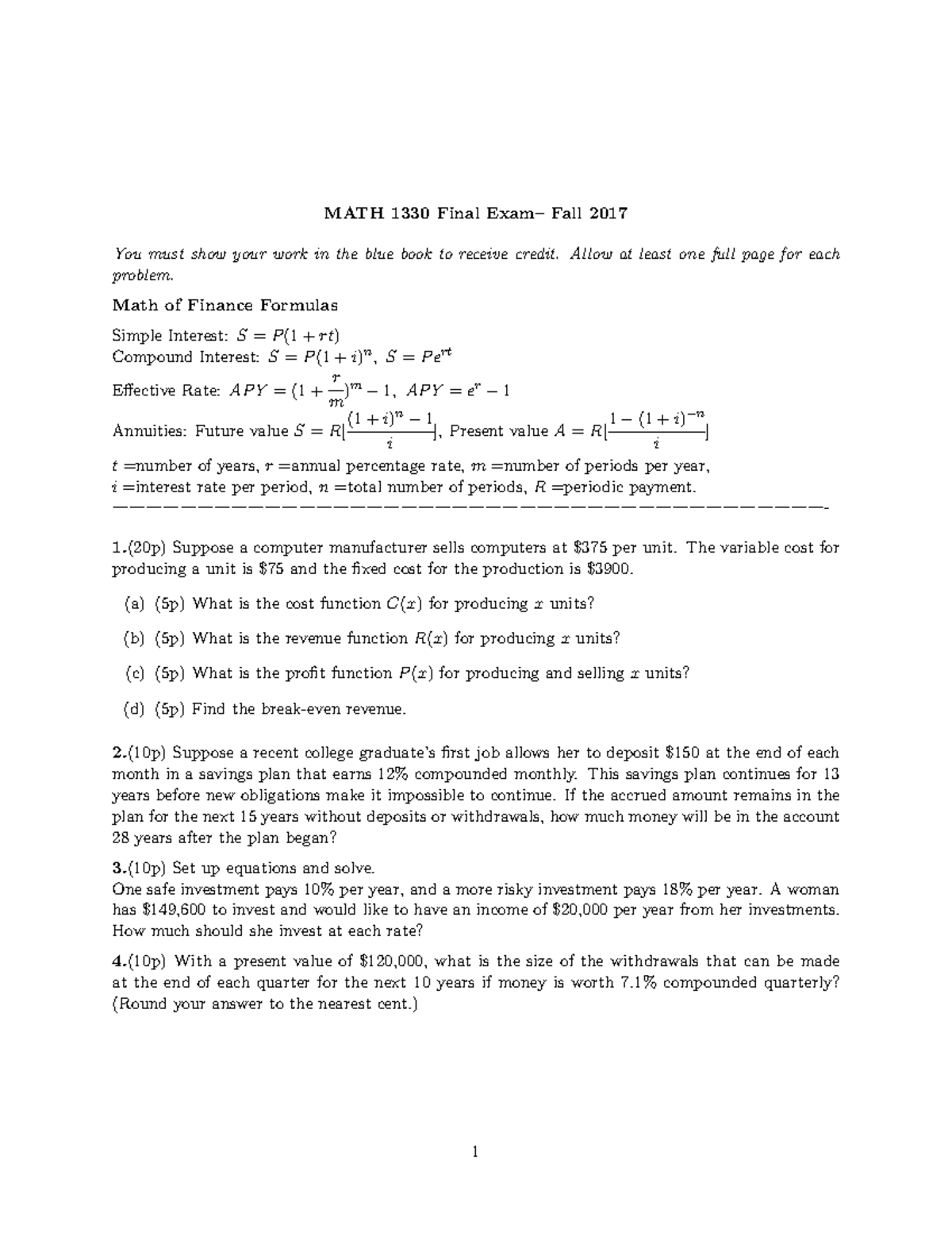 Math1330 2017 Fall - The study material for the business math 1 final ...
