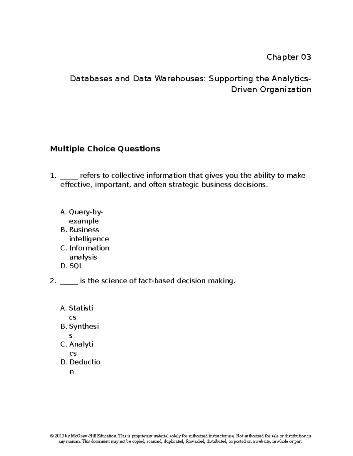 Chap003 - Chapter 03 Databases and Data Warehouses: Supporting the ...