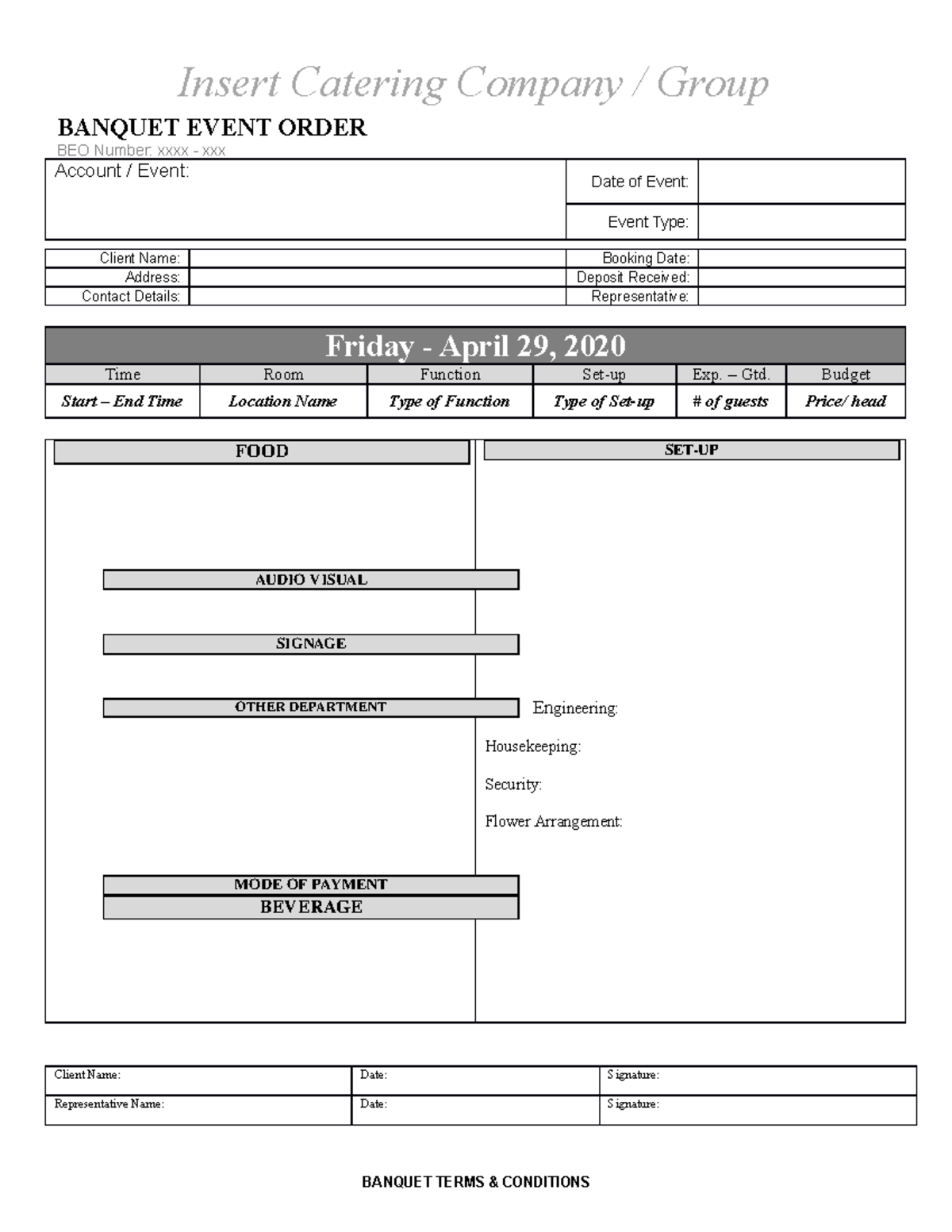 Banquet Event Order Template Summary Insert Catering Company Group