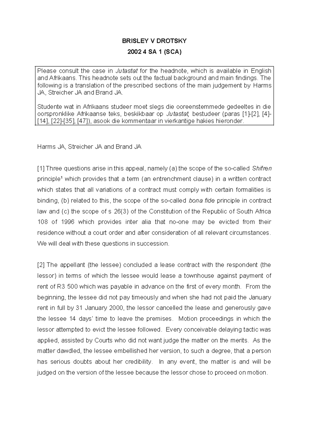 Brisley V Drotsky (1st sem translation) - BRISLEY V DROTSKY 2002 4 SA 1 ...