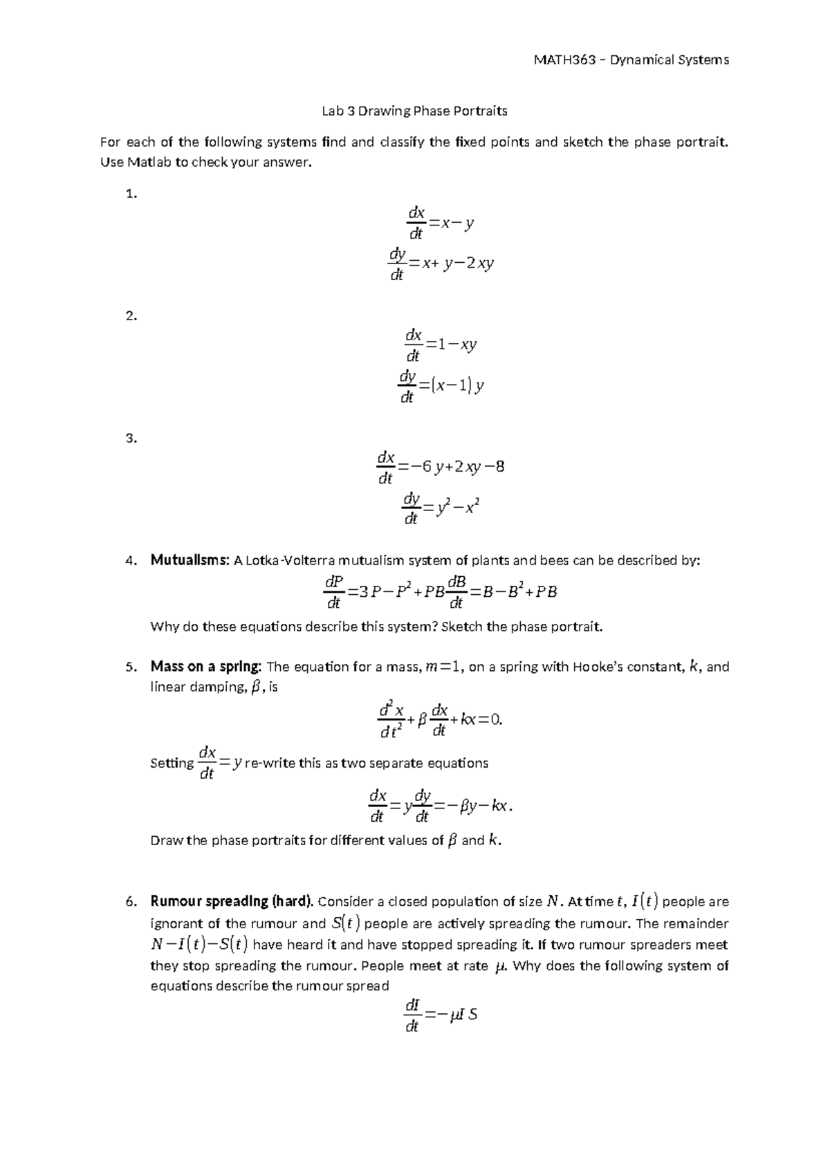 Lab3 Drawing Phase Portraits - MATH363 – Dynamical Systems Lab 3 ...