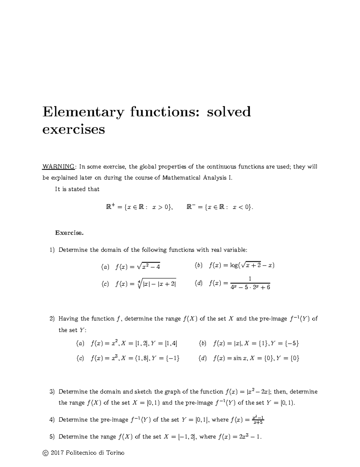 Solved exercises Analysis Mathematical I - Elementary functions: solved ...