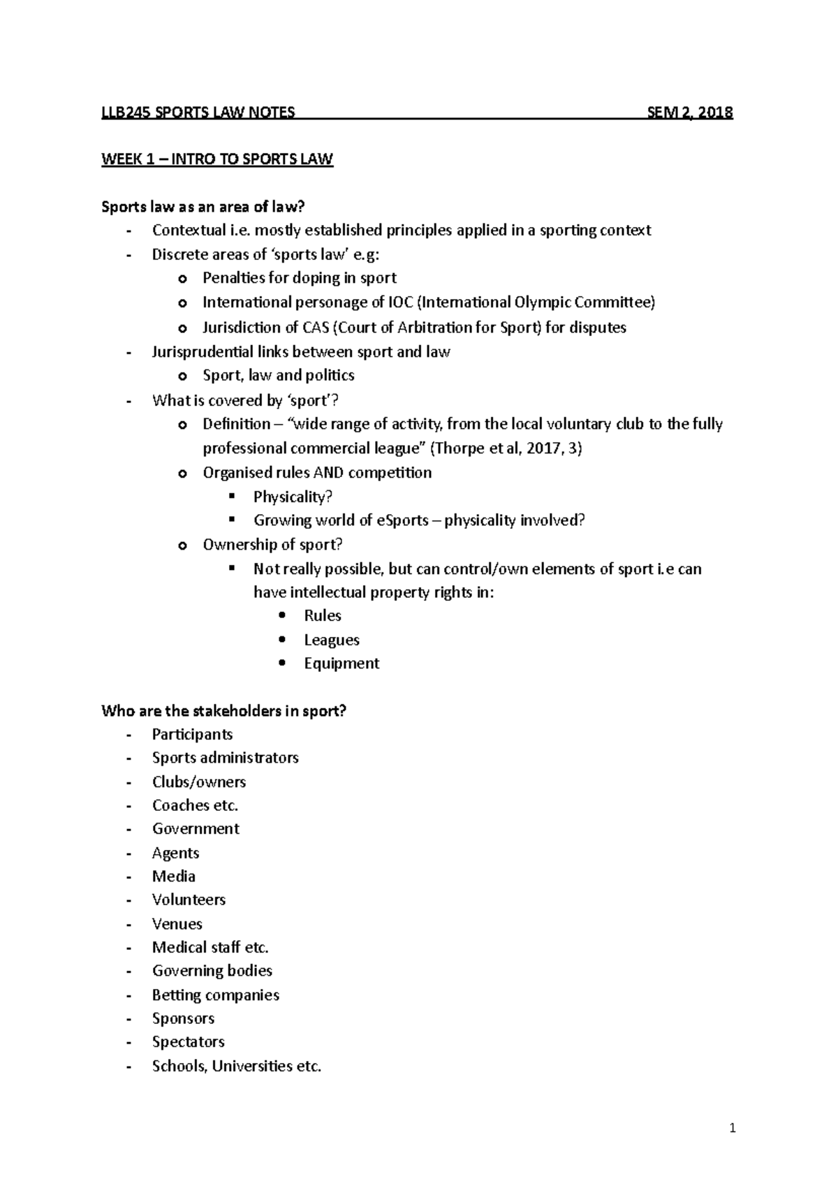 LLB245 Sports Law Lecture Notes - LLB245 SPORTS LAW NOTES SEM 2, 2018 ...