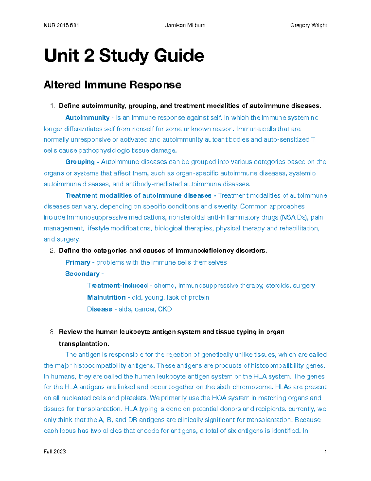 Unit 2 Study Guide - NUrsing notes RE immune - Unit 2 Study Guide ...