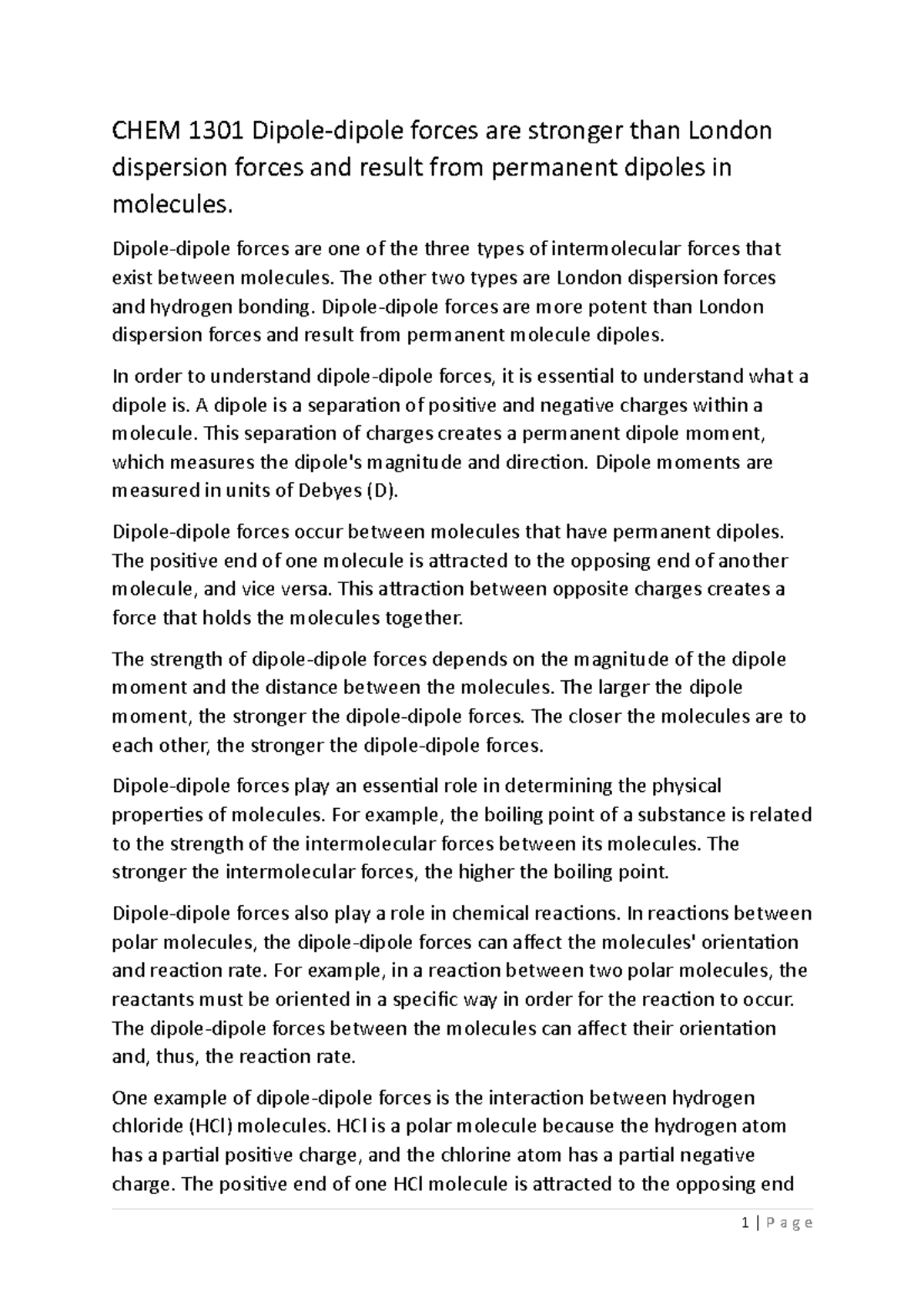 CHEM 1301 Dipole-dipole forces - Dipole-dipole forces are one of the ...