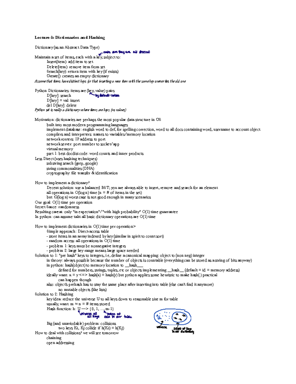 Lecture 8 Dictionaries (ADT), Intro to Hashing Mar 1, 2016 - Lecture 8 ...