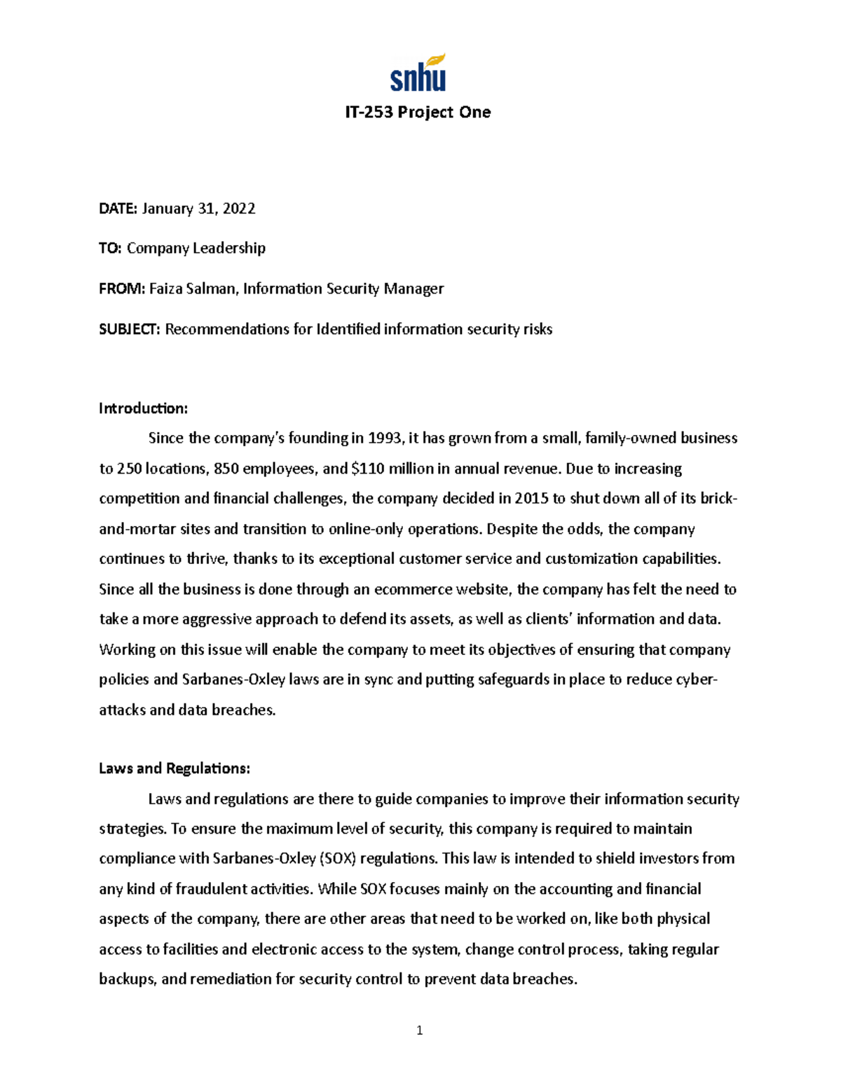 IT 253 Project One Template - IT-253 Project One DATE: January 31, 2022 ...