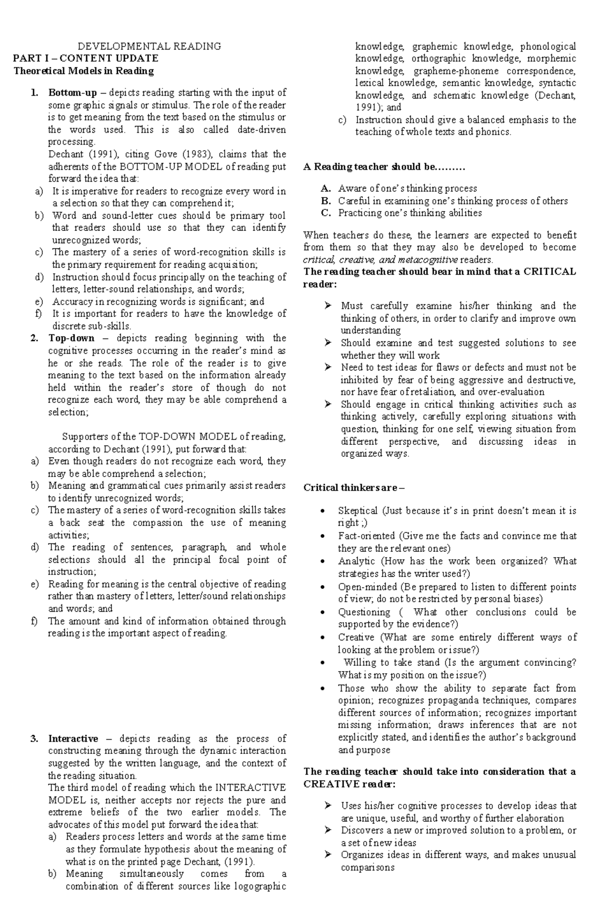 Dev reading - Study guides - DEVELOPMENTAL READING PART I – CONTENT ...