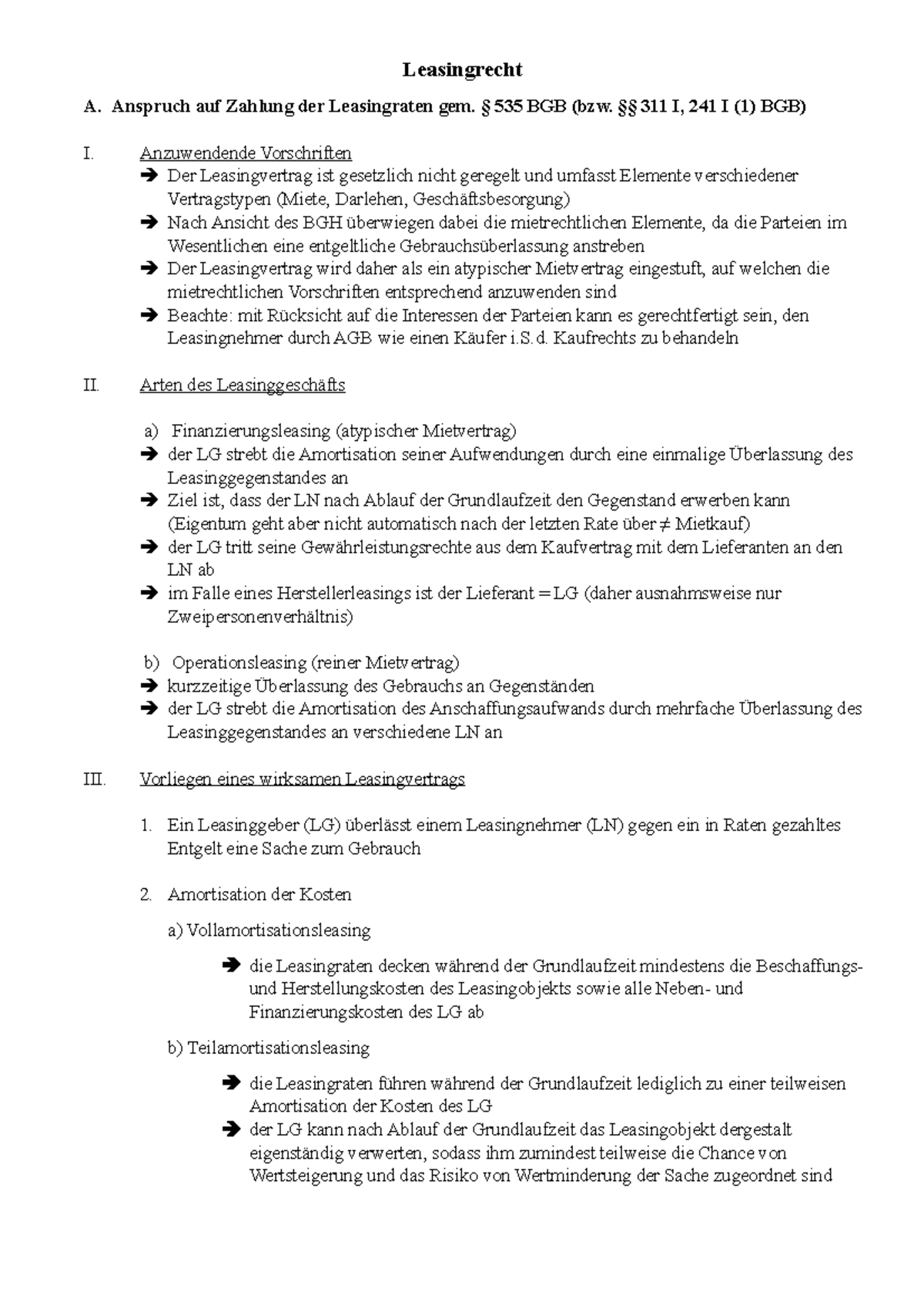 Leasingvertrag - Prüfungsschemata und Definitionen - Leasingrecht A ...