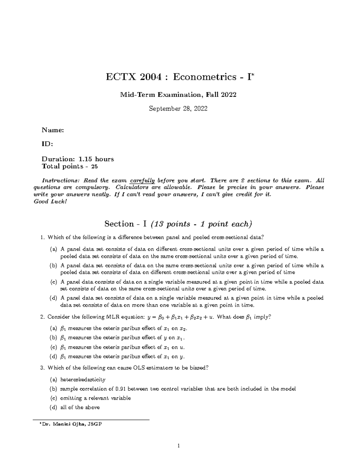 Mid Term ECTX2004 Fall2022 - ECTX 2004 : Econometrics - I∗ Mid-Term ...