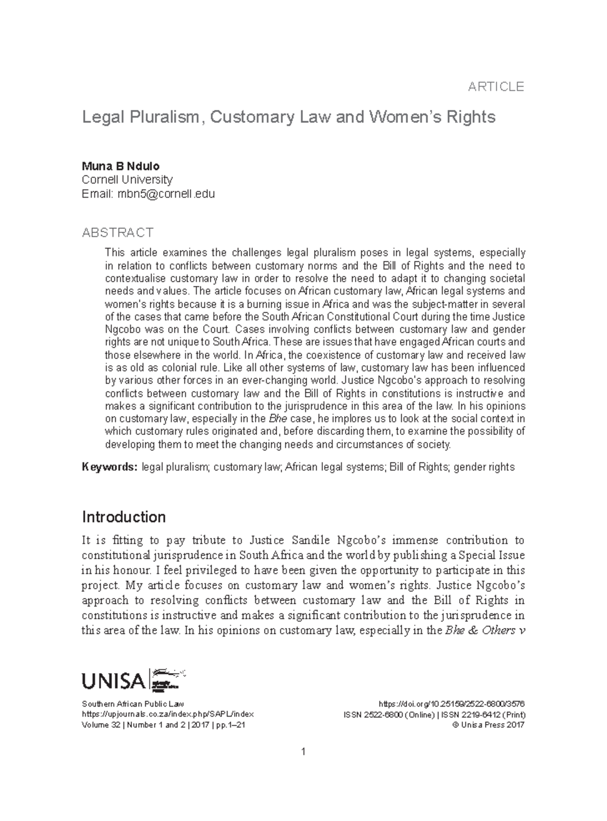 Ndulo 2017 legal pluralism customary law and women s rights - doi/10. ...