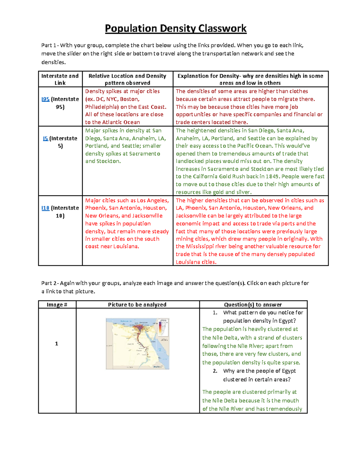 Density Activity Practice - Population Density Classwork Part 1- With ...