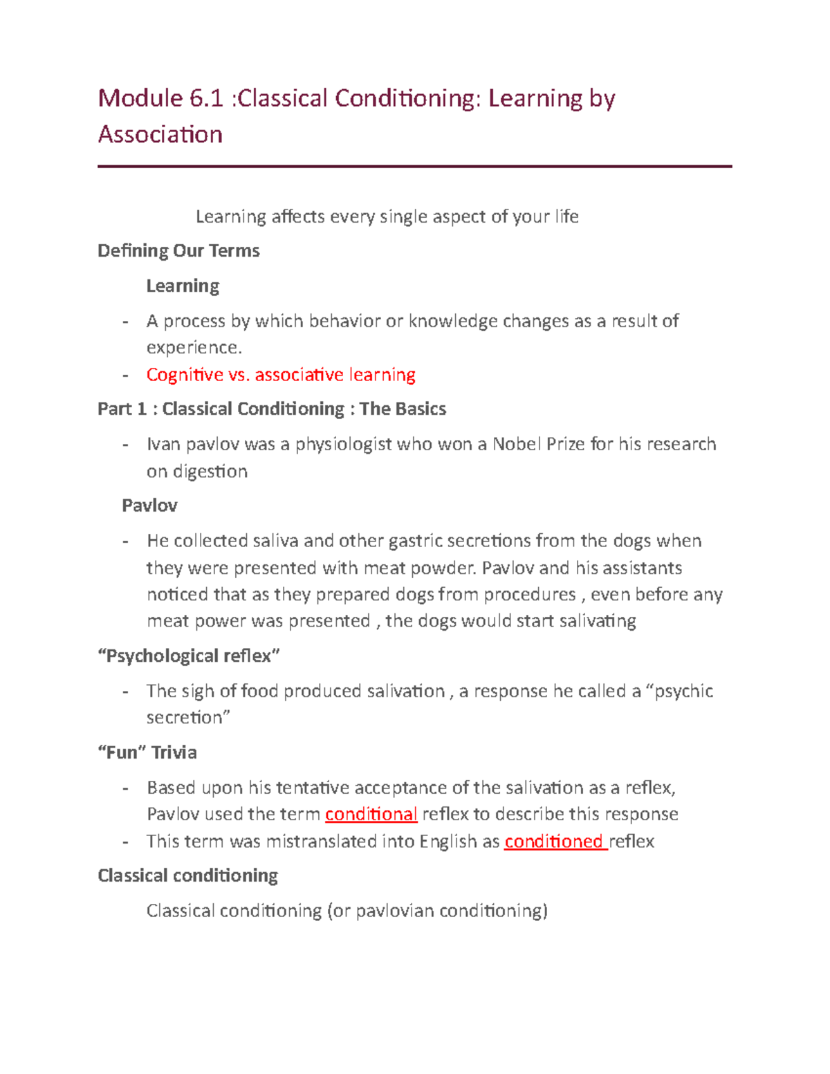 Psych 1000 Exam 3 Lecture note 6 ,7 , 8.2 ,8.3 - Module 6 :Classical ...