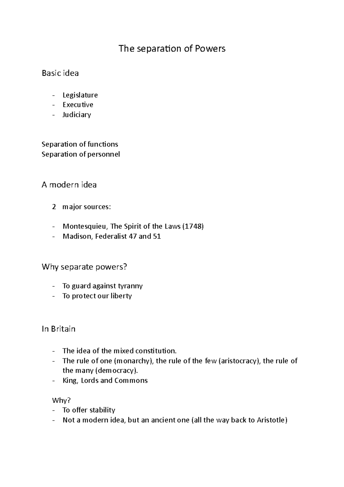 The separation of Powers - The separation of Powers Basic idea ...