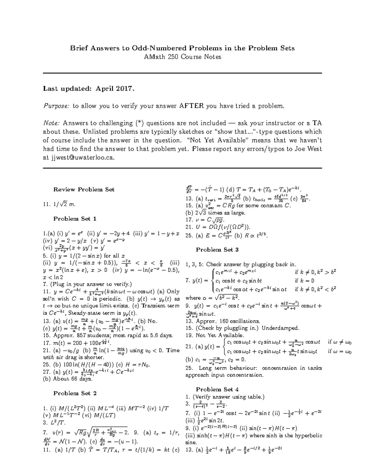Answers odd - Brief Answers to Problems in the Problem Sets AMath 250 ...
