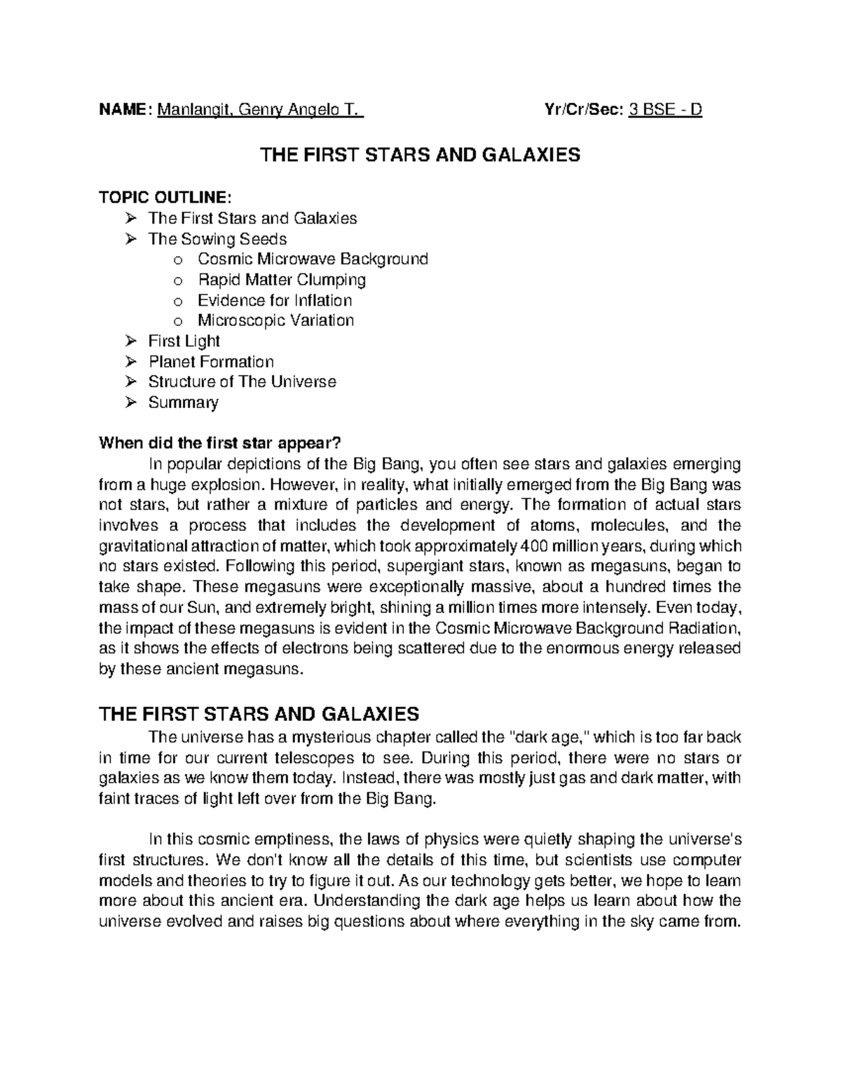 Written Report [The first stars and galaxies] - NAME: Manlangit, Genry ...