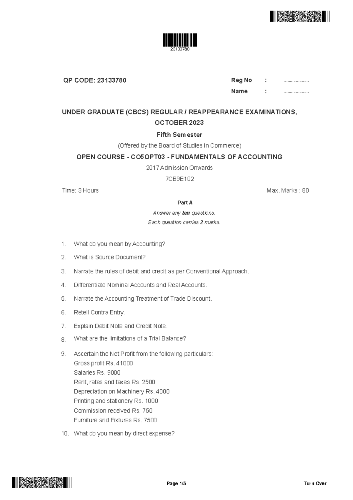 Foa23 - Question paper - QP CODE: 23133780 Reg No : ..................... Name : - Studocu