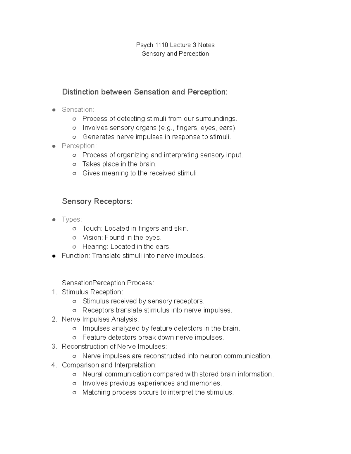 Psych 1110 Lecture 3 Notes - Psych 1110 Lecture 3 Notes Sensory and ...