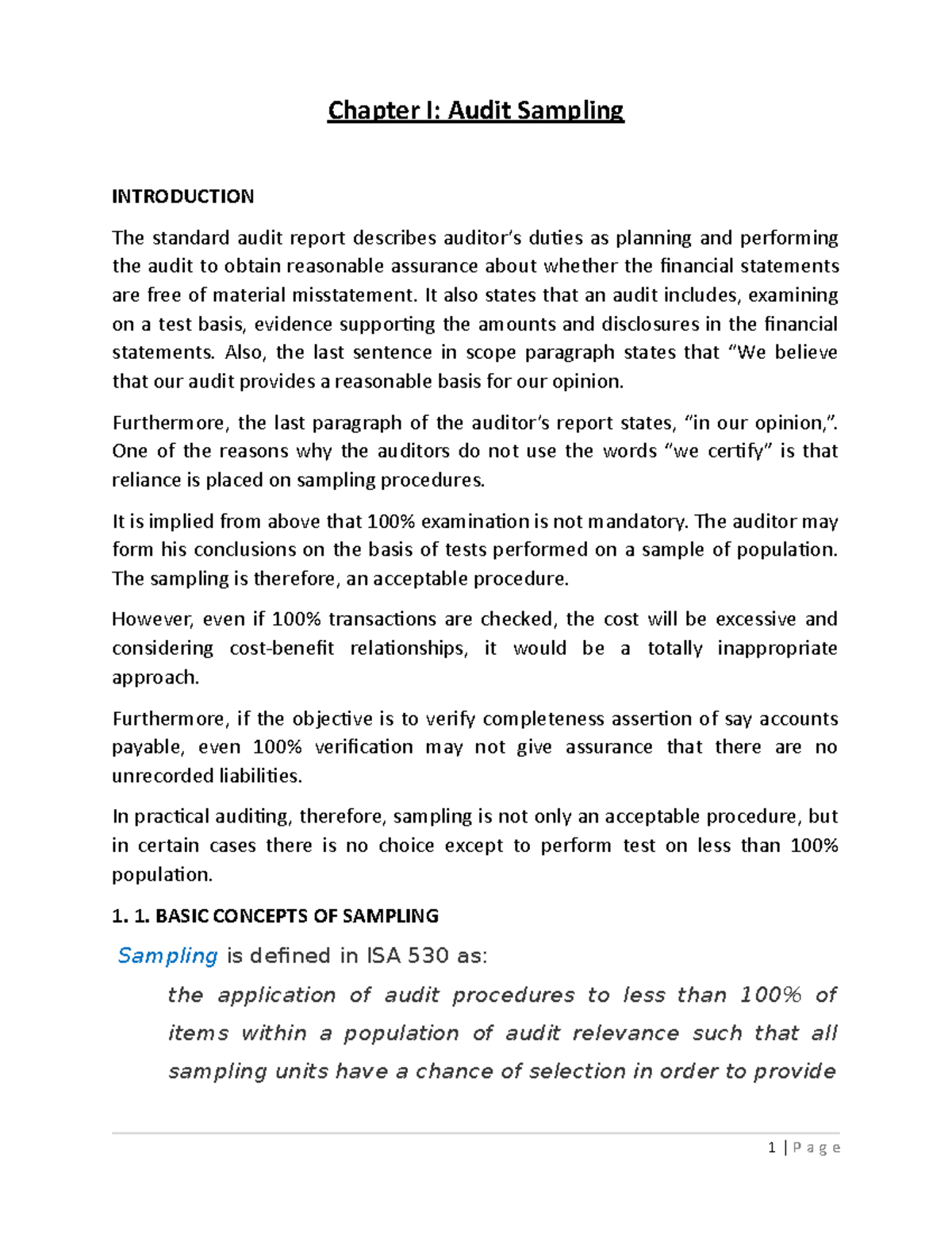 Audit Chapter I - Chapter I: Audit Sampling INTRODUCTION The standard ...