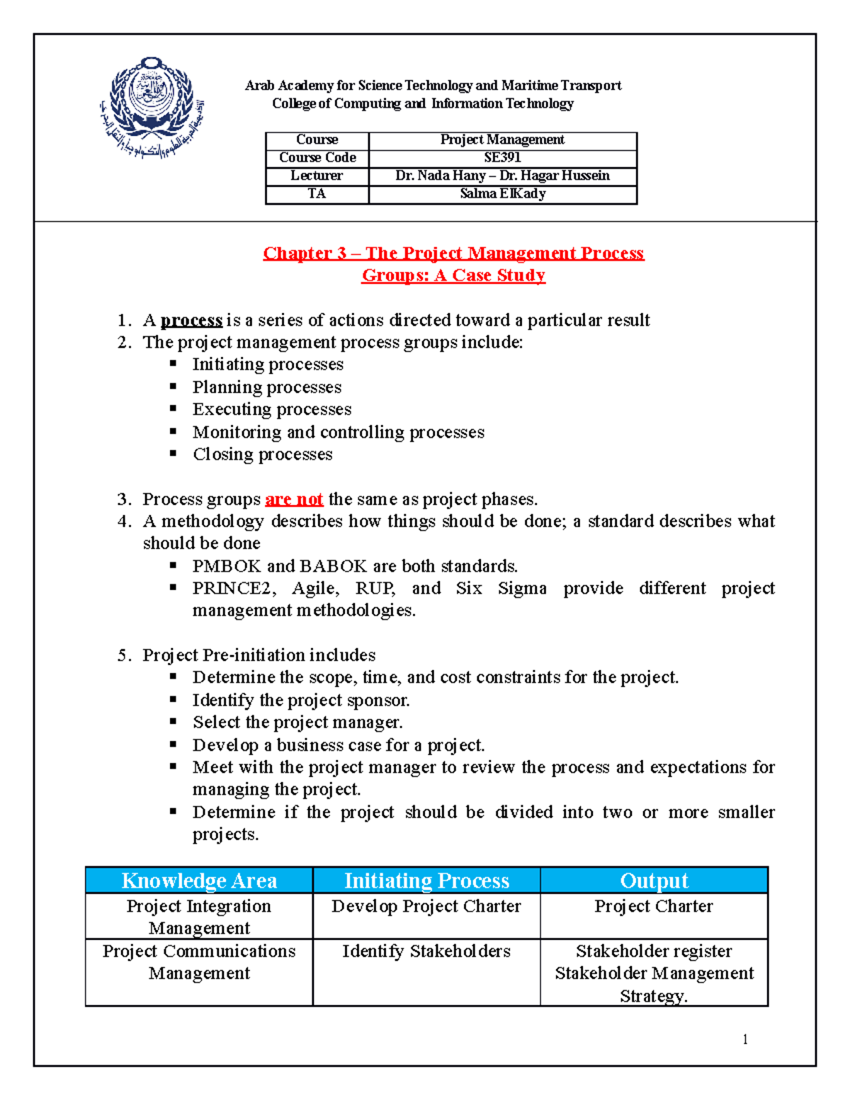 Chapter 2 Notes- Introduction to Project Management - Arab Academy for ...