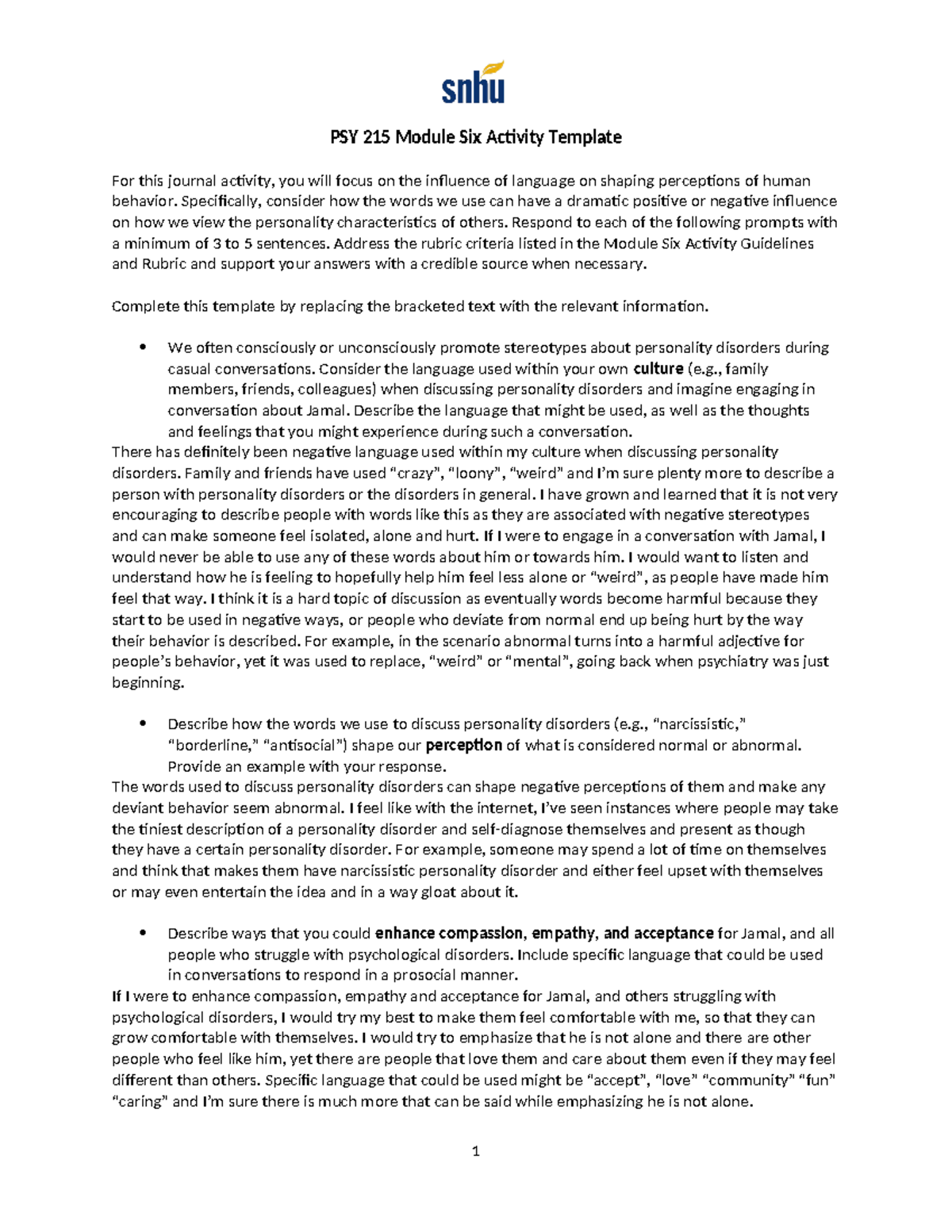 PSY 215 Module Six Activity Template - PSY 215 Module Six Activity ...