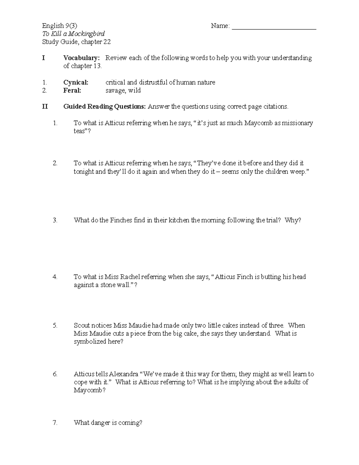 Tkam ch 22 study guide - to kill a mockingbird - English 9(3) Name