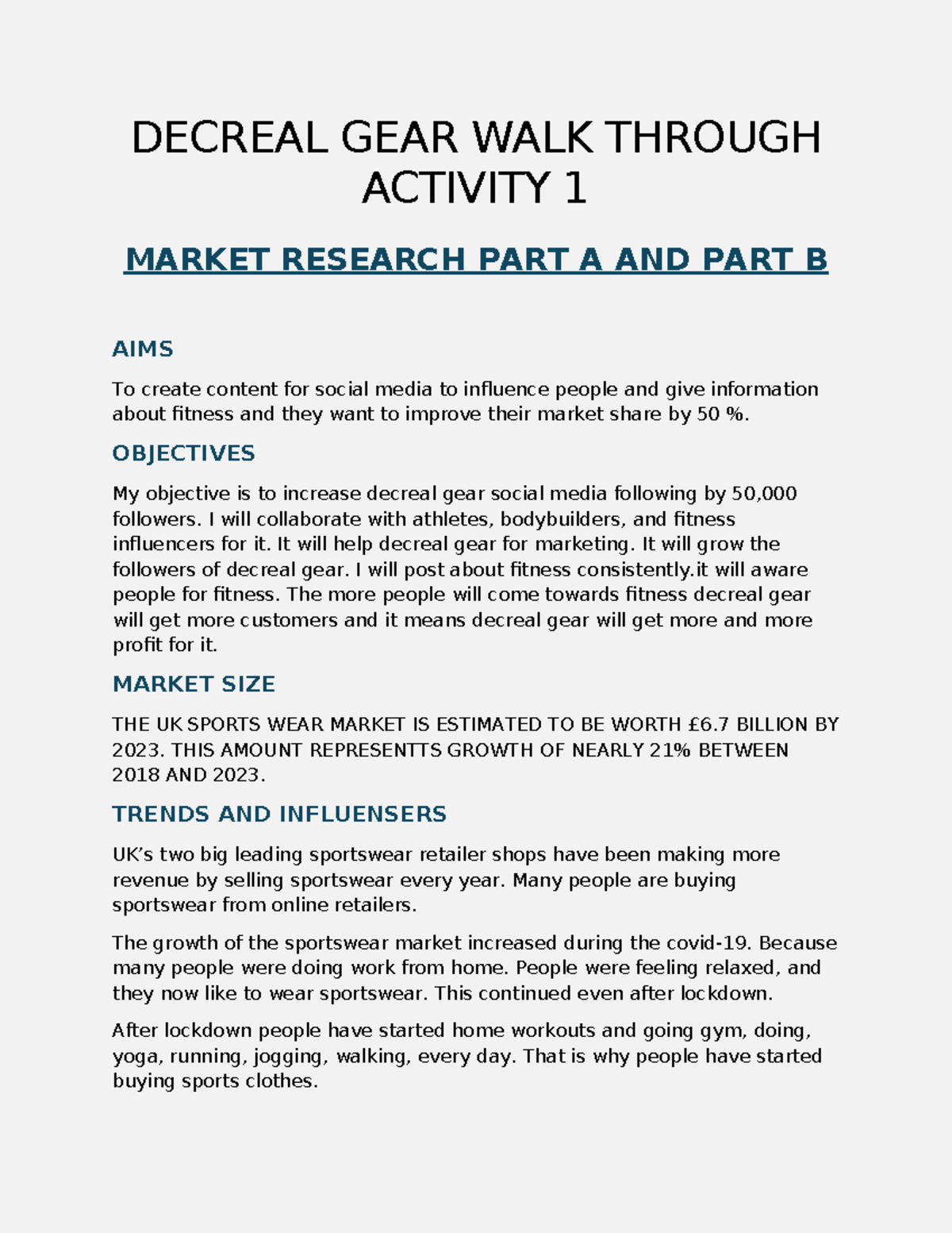 Activity 1 - Reflection - DECREAL GEAR WALK THROUGH ACTIVITY 1 MARKET ...