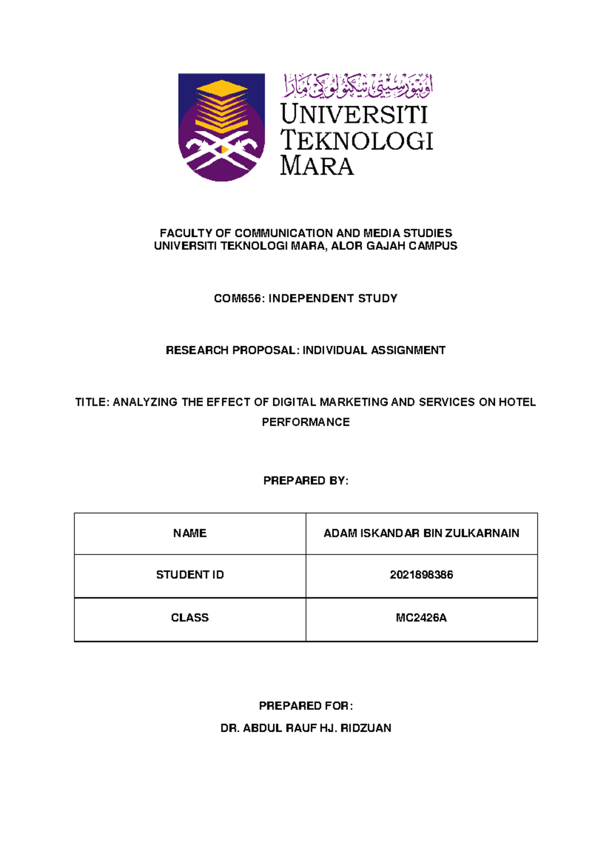 FYP Proposal Adam Iskandar - FACULTY OF COMMUNICATION AND MEDIA STUDIES ...
