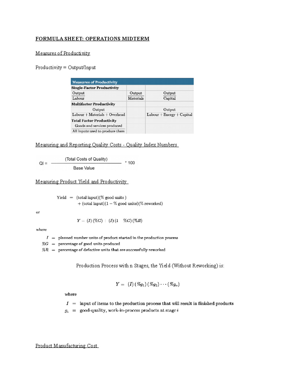 Formulas - FORMULA SHEET: OPERATIONS MIDTERM Measures of Productivity ...