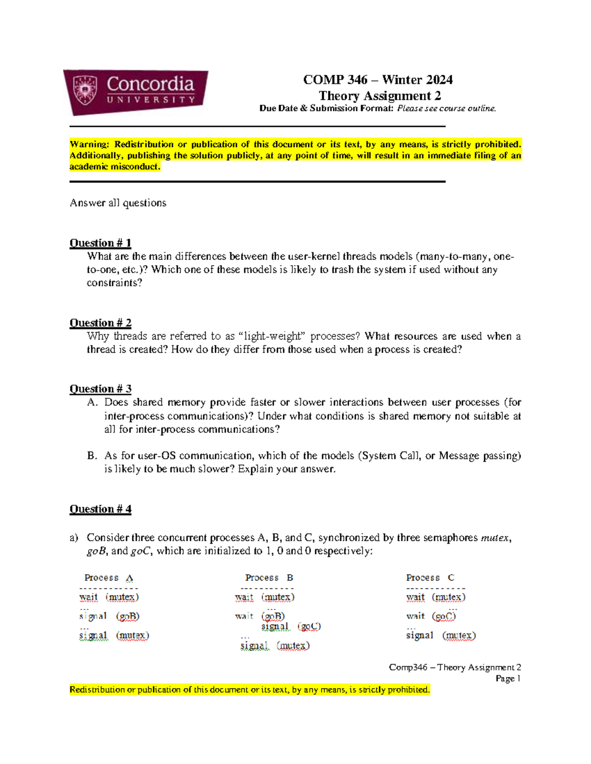 Comp346 W24 TA2 - theory assignment 2 - Comp346 – Theory Assignment 2 Page 1 Redistribution or ...