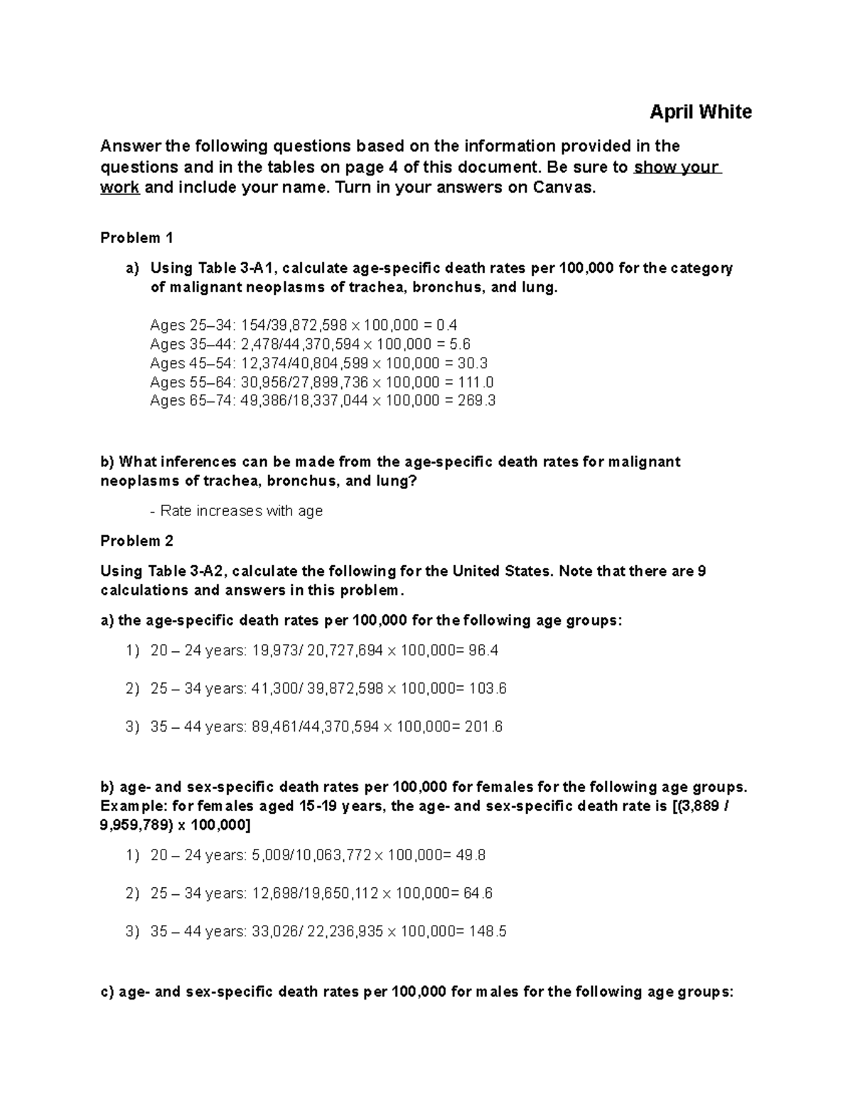 Assignment 3 - Measures of Morbidity and Mortality - April White Answer ...