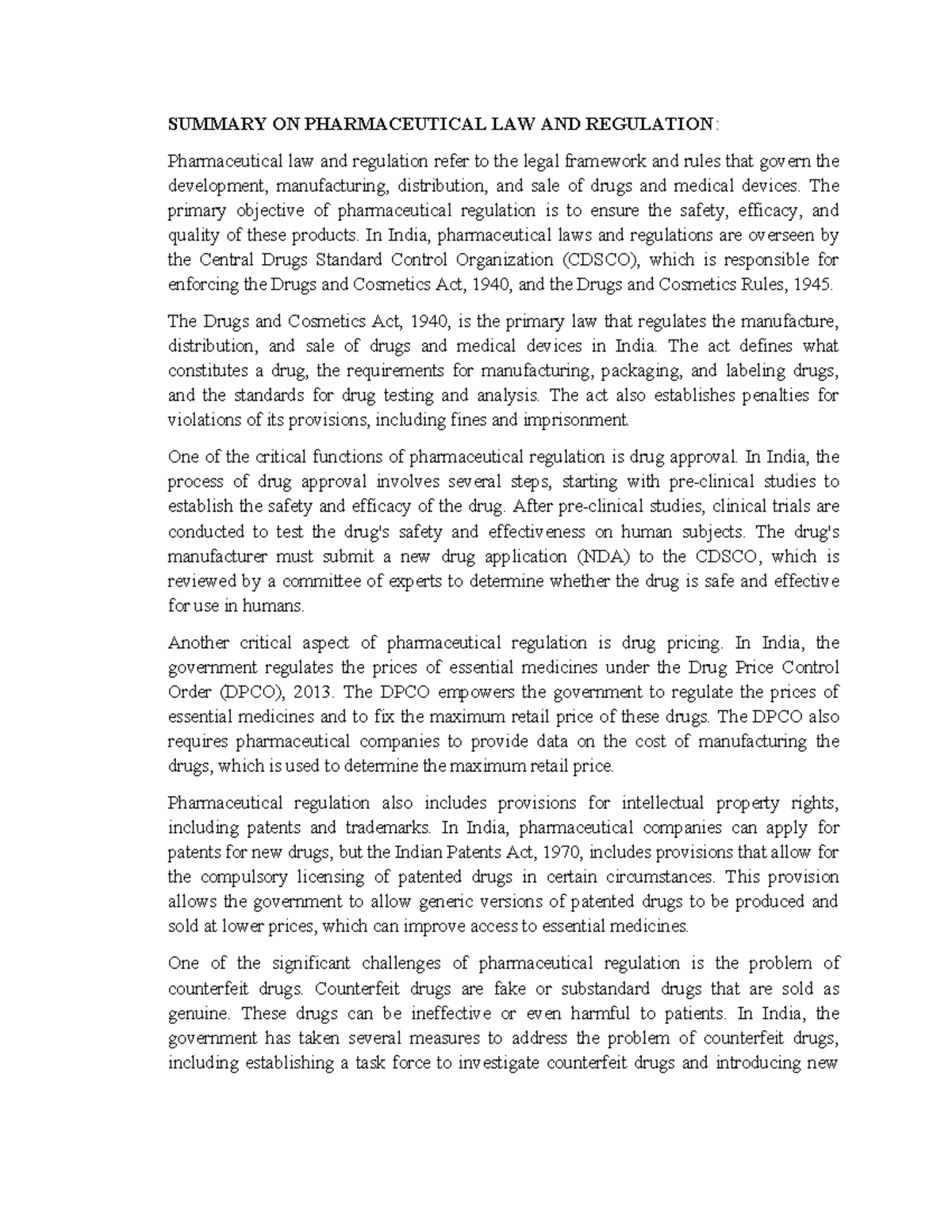 Summary ON Pharmaceutical LAW AND Regulation - SUMMARY ON ...