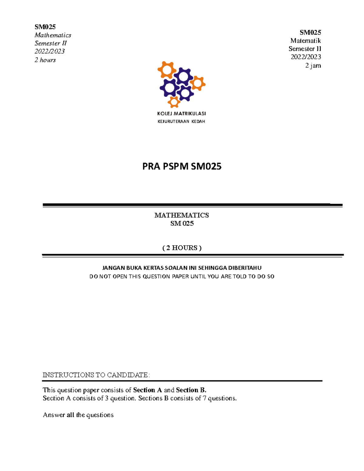 Pra PSPM SM025 2223 KMKK Question - PRA PSPM SM0 25 - Studocu