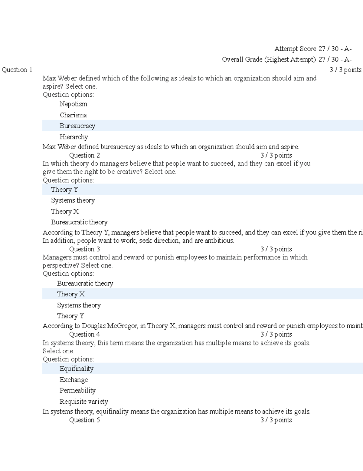 MGT 200 M4 Quiz - Quiz from Module 4 - Attempt Score 27 / 30 - A ...