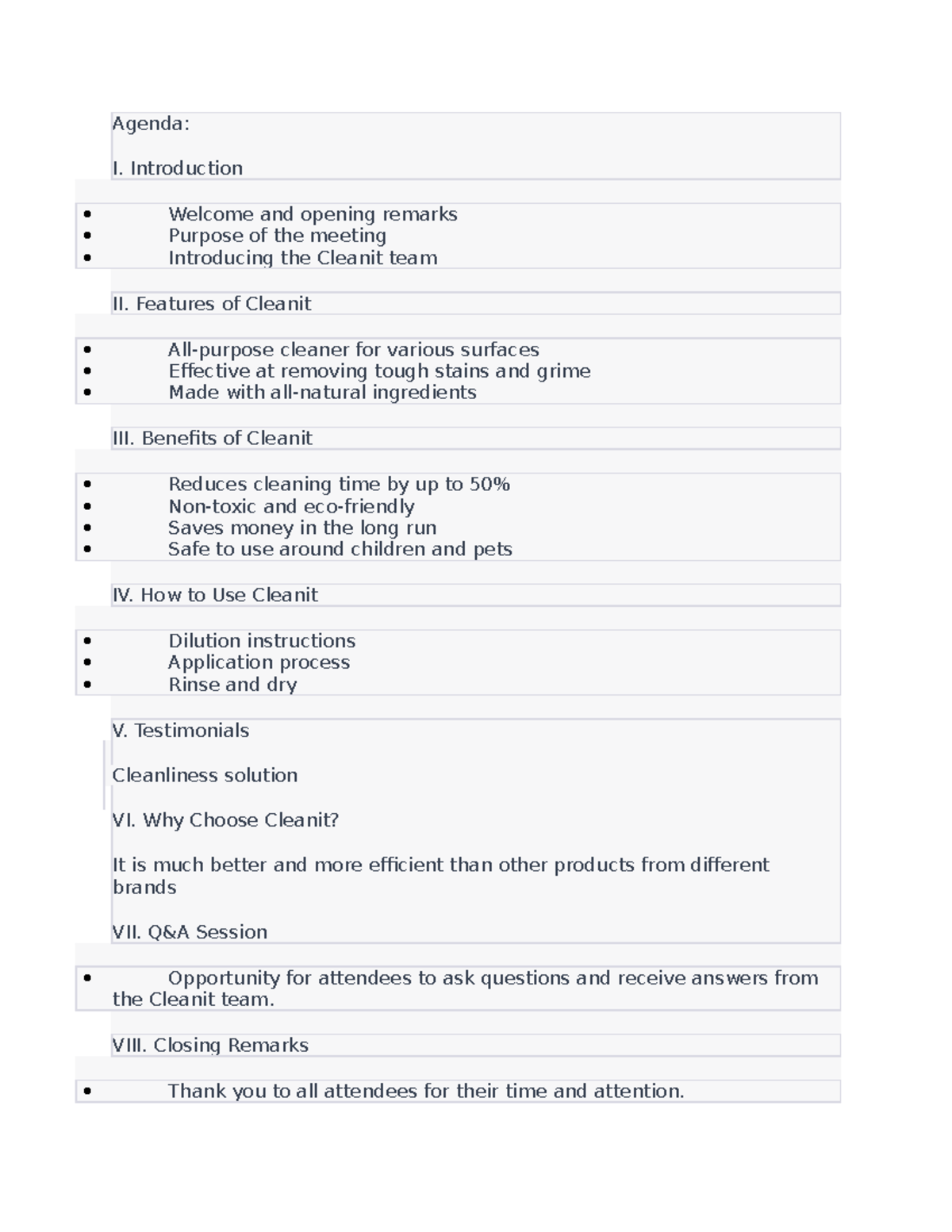 Client's additional meeting material - Agenda: I. Introduction Welcome ...