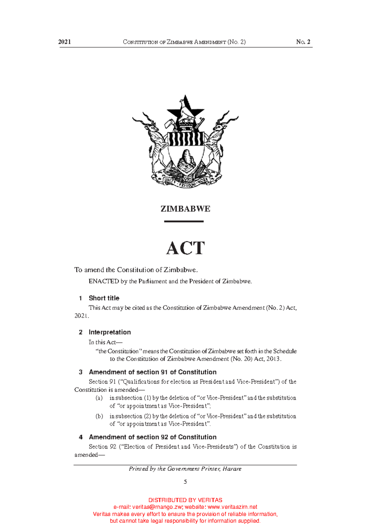 Constitution of Zimbabwe Amendment (No. 2) - 2021 Constitution of ...