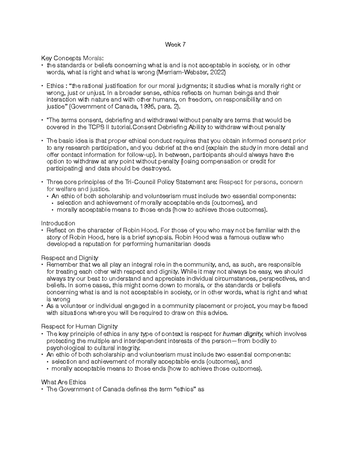 Week 7 - lecture notes for week 7 - Week 7 Key Concepts Morals: the ...