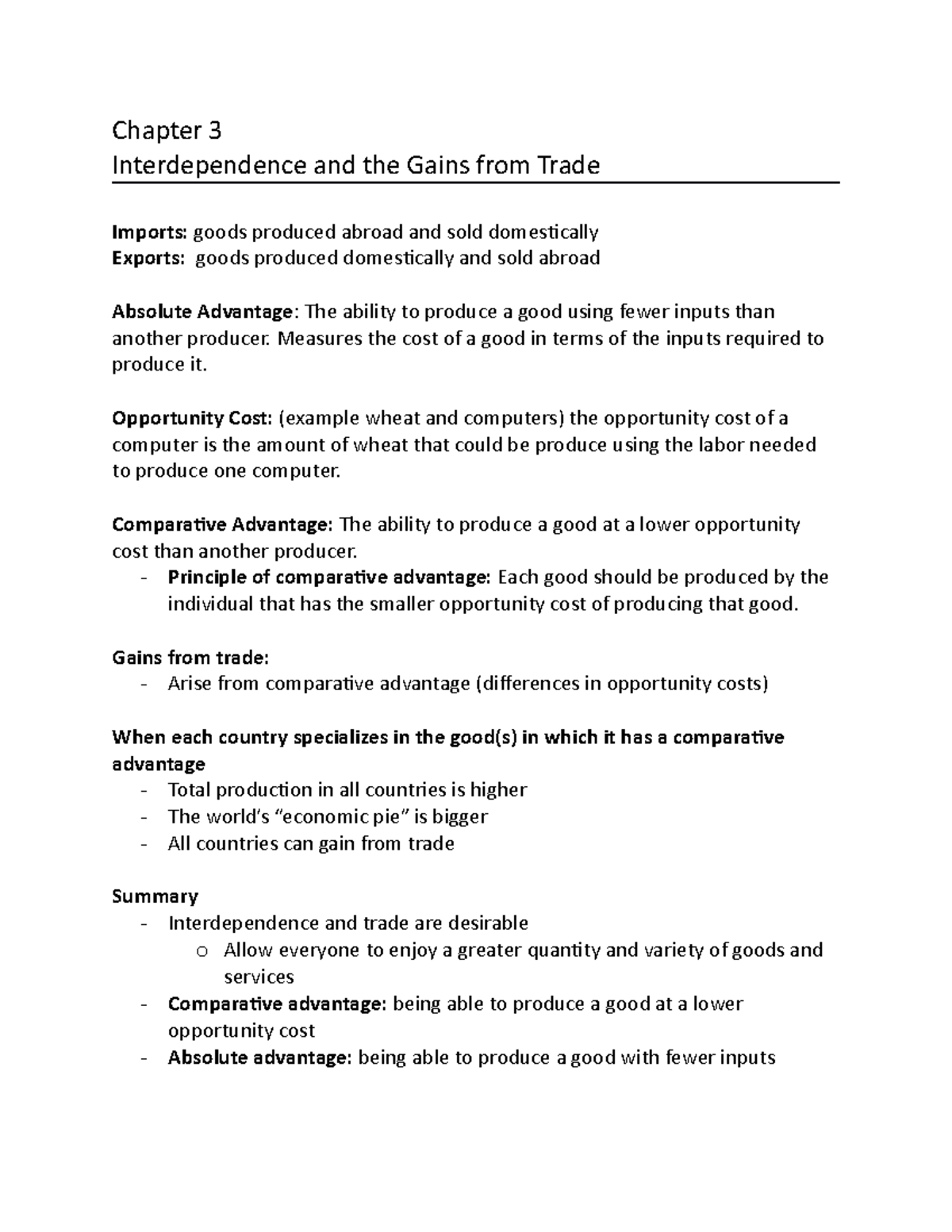 Chapter 3 Notes - Chapter 3 Interdependence and the Gains from Trade ...