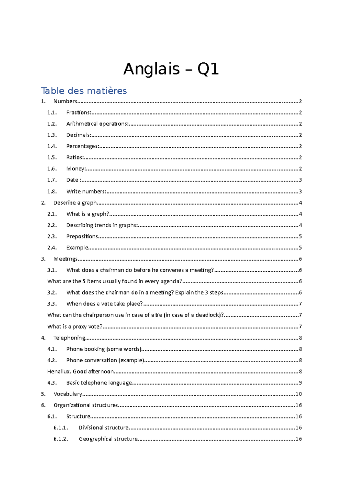 Anglais - synthèse janvier - Anglais – Q Table des matières - Anglais ...